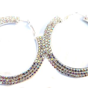 Large Crystal Iridescent Rhinestone Hoop Earrings 2.5 Inch ABS Rhodium Crystal Hoop Earrings