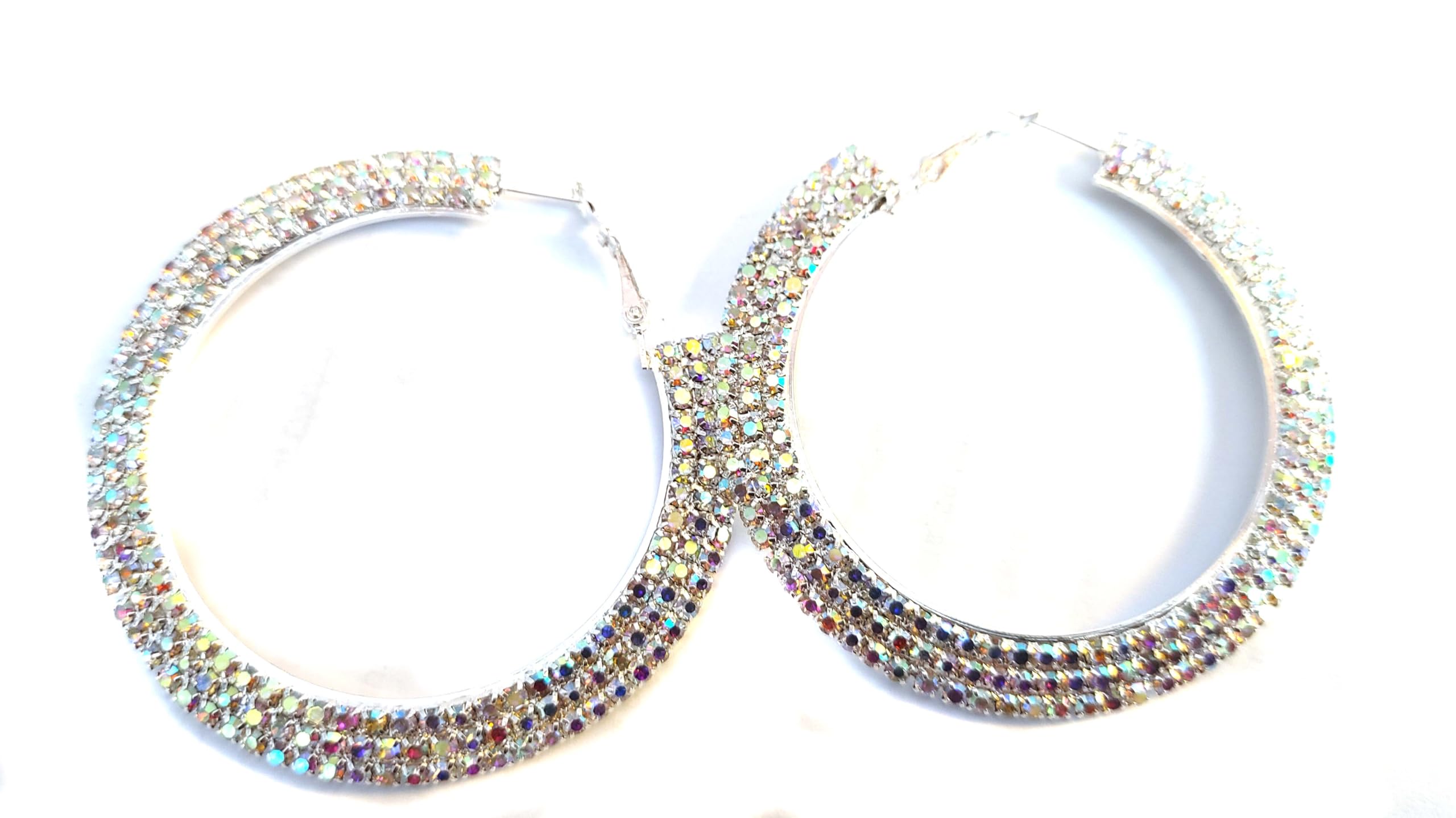 Large Crystal Iridescent Rhinestone Hoop Earrings 2.5 Inch ABS Rhodium Crystal Hoop Earrings