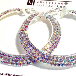 Large Crystal Iridescent Rhinestone Hoop Earrings 2.5 Inch ABS Rhodium Crystal Hoop Earrings