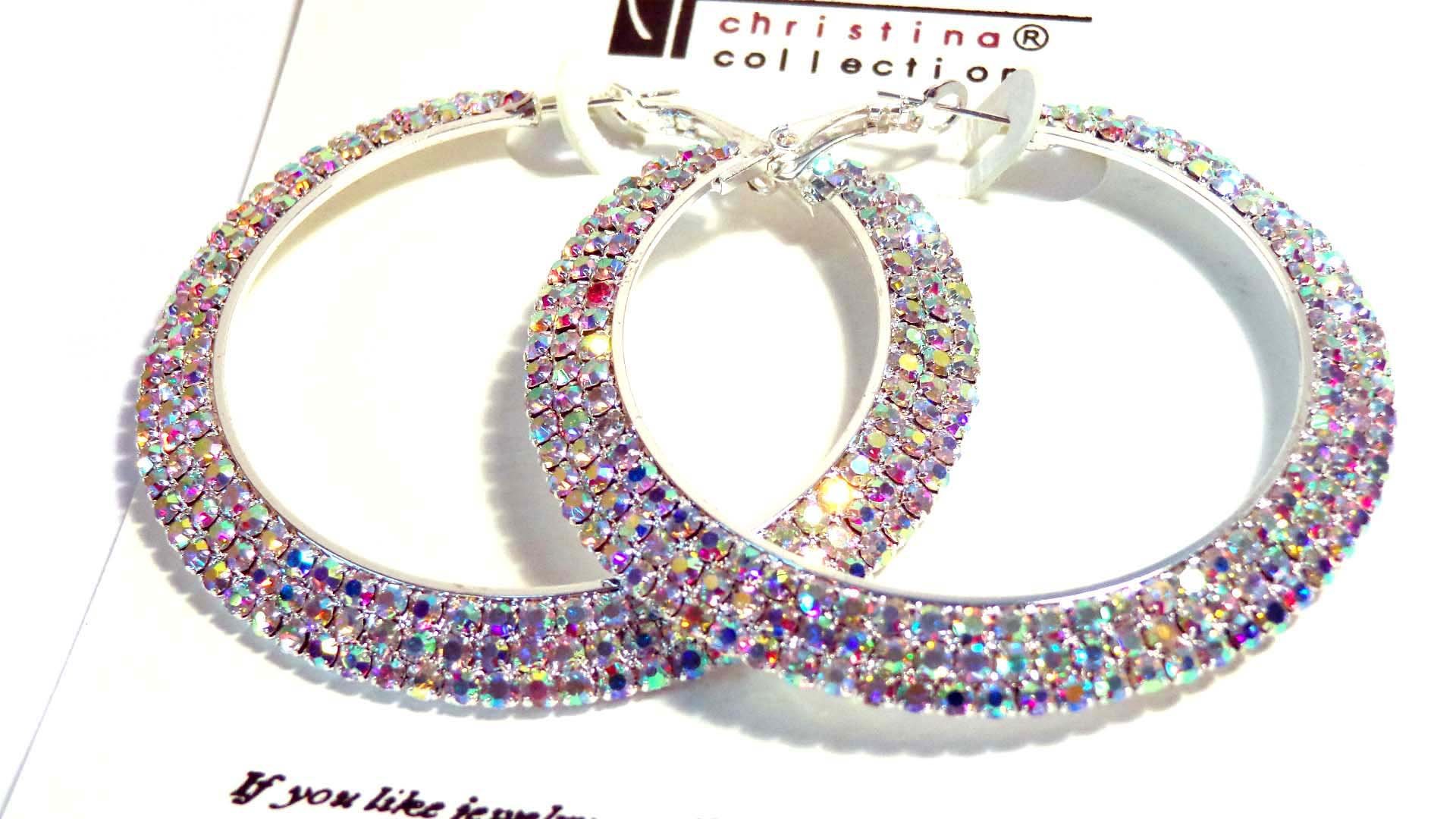 Large Crystal Iridescent Rhinestone Hoop Earrings 2.5 Inch ABS Rhodium Crystal Hoop Earrings