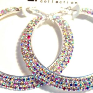 Large Crystal Iridescent Rhinestone Hoop Earrings 2.5 Inch ABS Rhodium Crystal Hoop Earrings