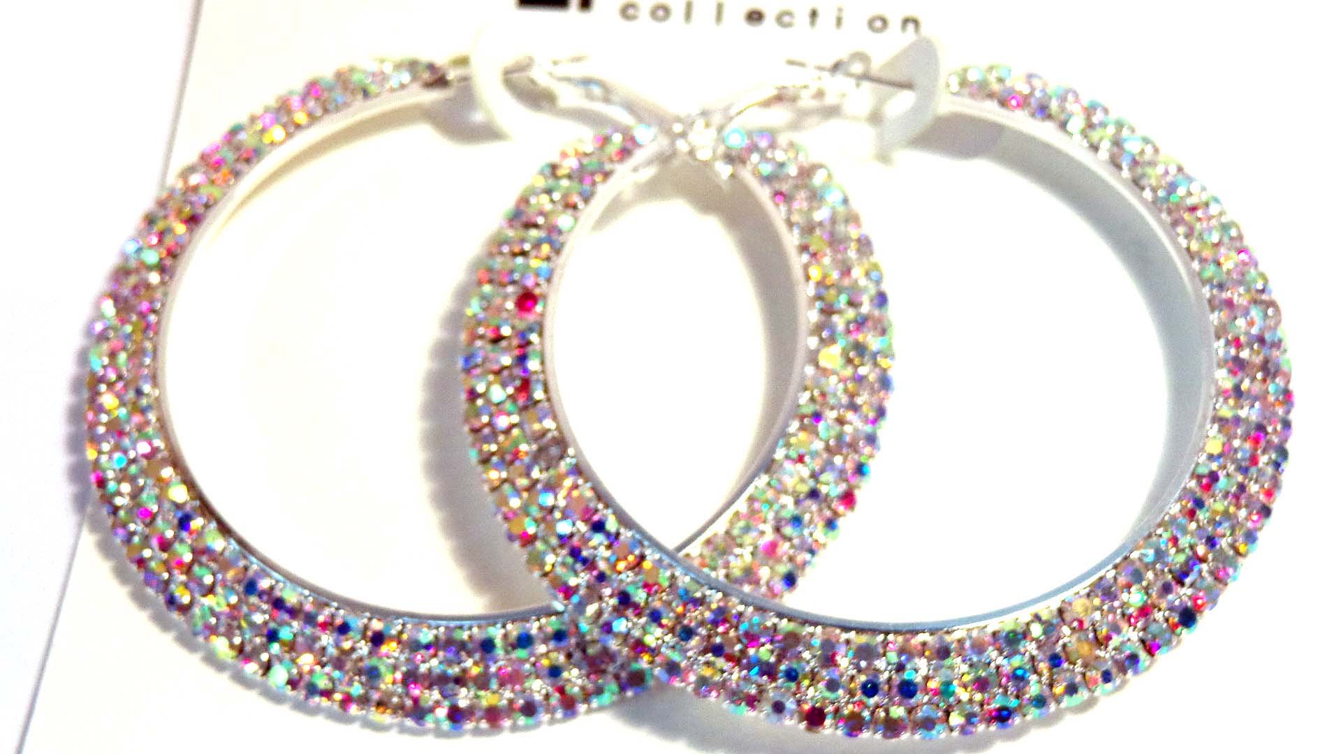 Large Crystal Iridescent Rhinestone Hoop Earrings 2.5 Inch ABS Rhodium Crystal Hoop Earrings