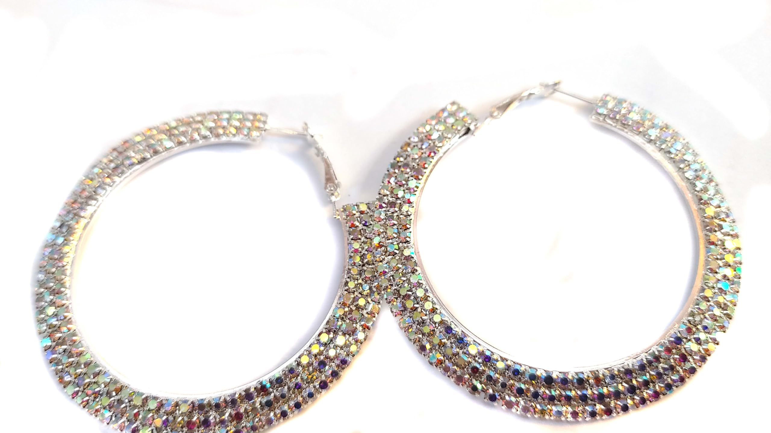 Large Crystal Iridescent Rhinestone Hoop Earrings 2.5 Inch ABS Rhodium Crystal Hoop Earrings