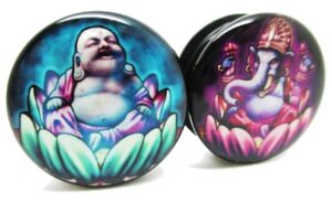 pierced republic ganesh & buddha ear plugs - acrylic - screw on - new *pair* - 10 sizes (2 gauge (6mm))