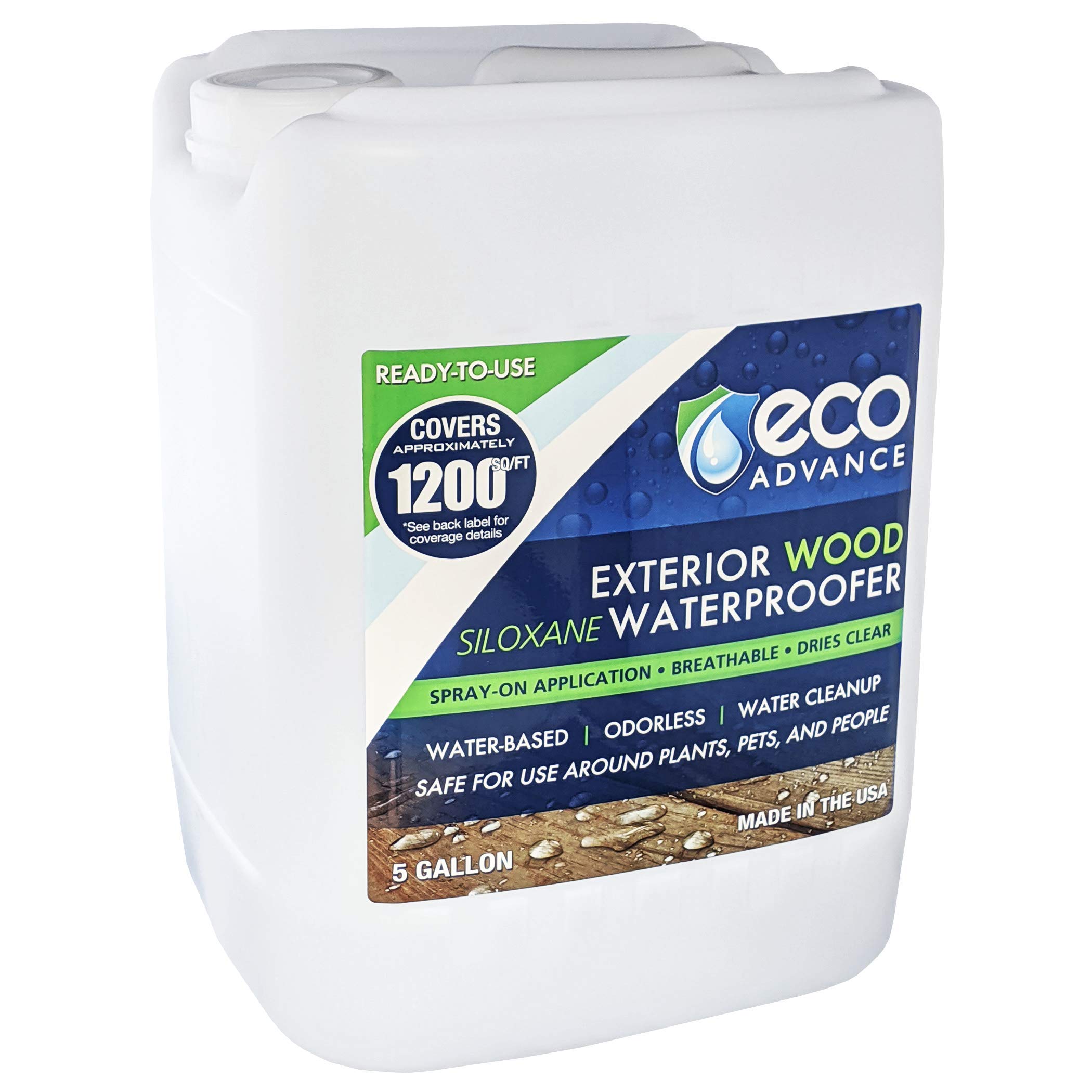 Eco Advance Exterior Wood Siloxane Odorless Spray-On Application Waterproofer Water Repellent, Safe for Use Around Plants, Pets, and People, 5 Gallon