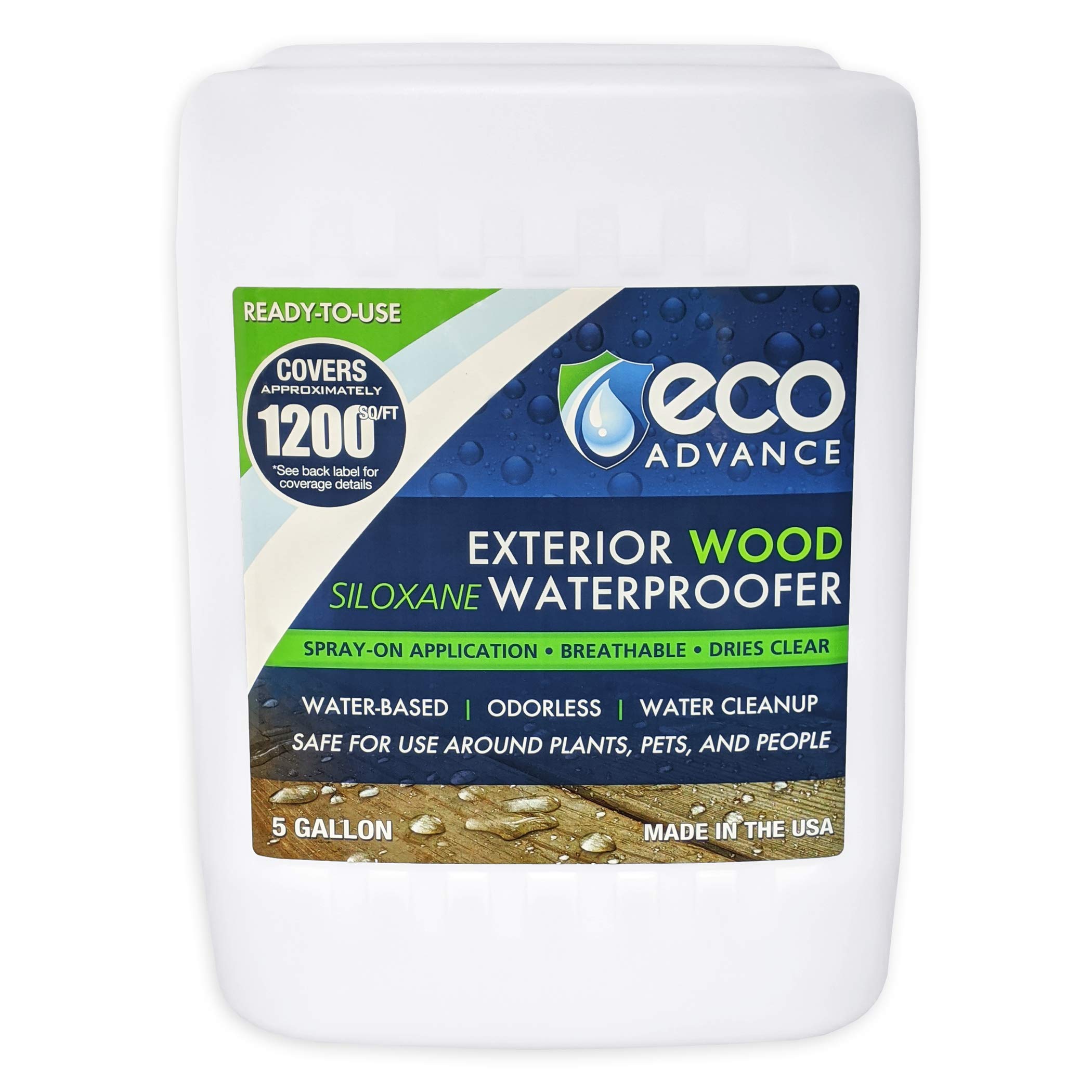 Eco Advance Exterior Wood Siloxane Odorless Spray-On Application Waterproofer Water Repellent, Safe for Use Around Plants, Pets, and People, 5 Gallon