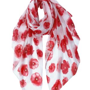 GERINLY Red Poppy Floral White Scarf for Women Oblong Shawl Wrap for Summer Travel Cotton Voile Beach Sarong