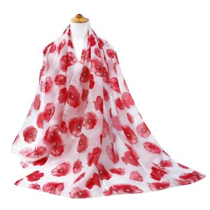 GERINLY Red Poppy Floral White Scarf for Women Oblong Shawl Wrap for Summer Travel Cotton Voile Beach Sarong