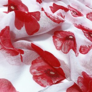 GERINLY Red Poppy Floral White Scarf for Women Oblong Shawl Wrap for Summer Travel Cotton Voile Beach Sarong