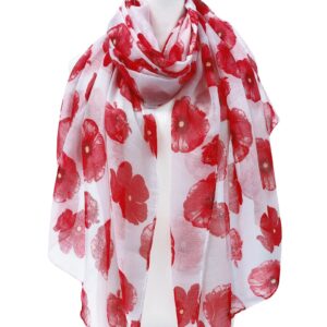 GERINLY Red Poppy Floral White Scarf for Women Oblong Shawl Wrap for Summer Travel Cotton Voile Beach Sarong