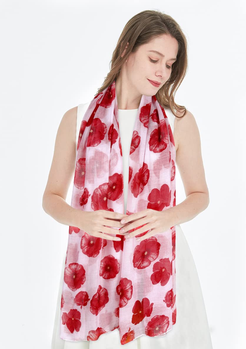 GERINLY Red Poppy Floral White Scarf for Women Oblong Shawl Wrap for Summer Travel Cotton Voile Beach Sarong