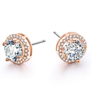 18K Gold Plated Halo Stud Earrings CZ Simulated Diamond Round Earing for Women,Rose Earrings for Man,Sparkle Allure Earrings with Size 0.39inch,in Rose Gold