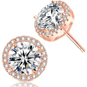 18k gold plated halo stud earrings cz simulated diamond round earing for women,rose earrings for man,sparkle allure earrings with size 0.39inch,in rose gold