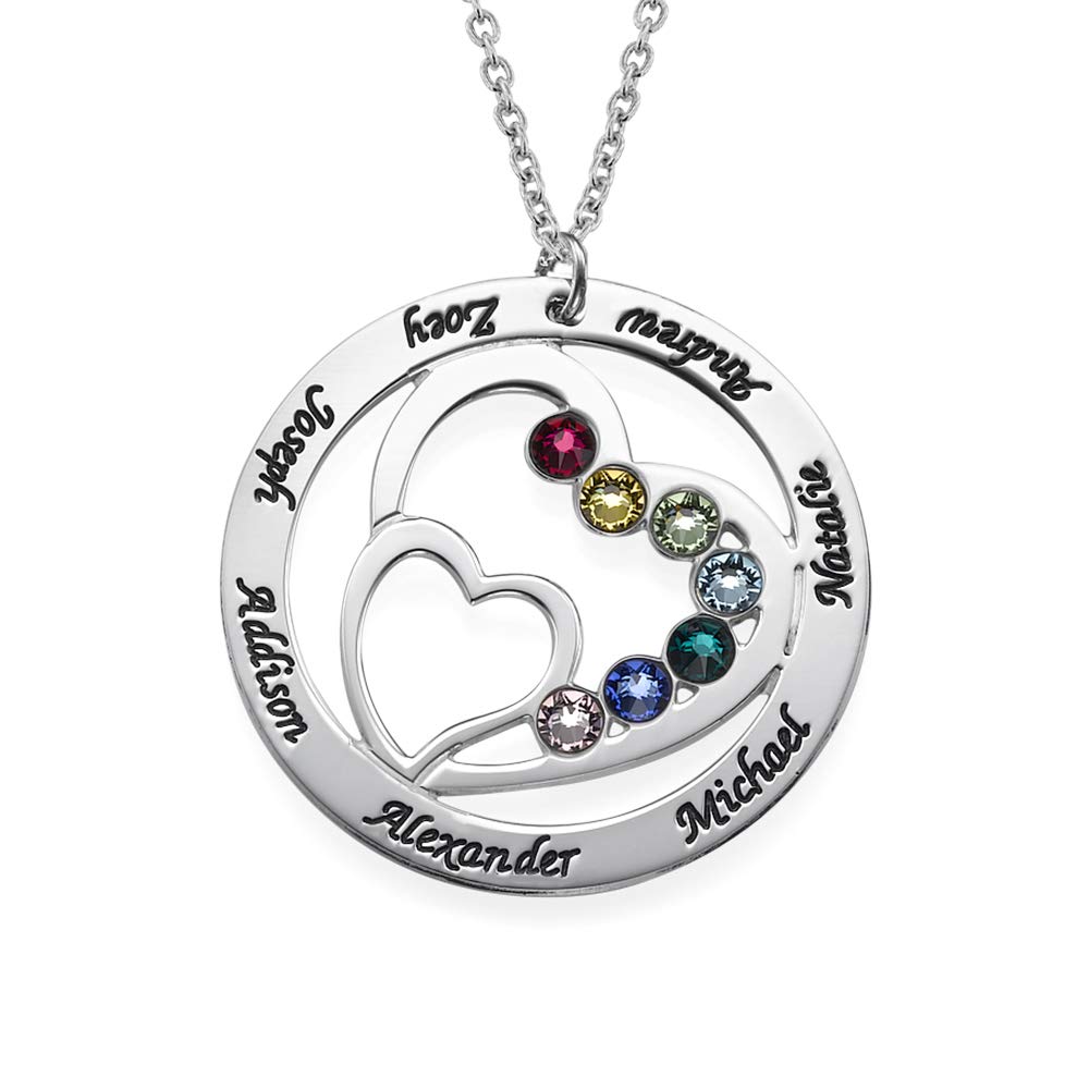 Heart in Heart Birthstone Necklace in Sterling Silver - Personalized Engraved with Any Name for Moms