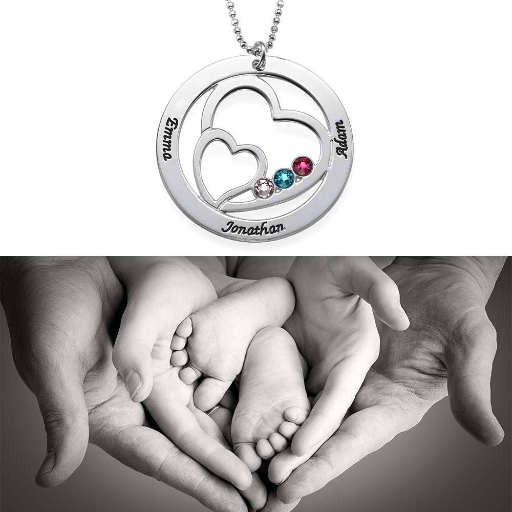 Heart in Heart Birthstone Necklace in Sterling Silver - Personalized Engraved with Any Name for Moms