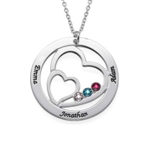 Heart in Heart Birthstone Necklace in Sterling Silver - Personalized Engraved with Any Name for Moms