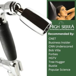 High Sierra Showerheads® - Solid Metal Handheld Shower Head Kit with Slip-Free Grip. Includes Handheld Shower Head, Trickle Valve, Hose with Silicone Inner Tube, and Holder. 1.5 GPM. Chrome