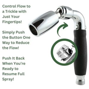 High Sierra Showerheads® - Solid Metal Handheld Shower Head Kit with Slip-Free Grip. Includes Handheld Shower Head, Trickle Valve, Hose with Silicone Inner Tube, and Holder. 1.5 GPM. Chrome