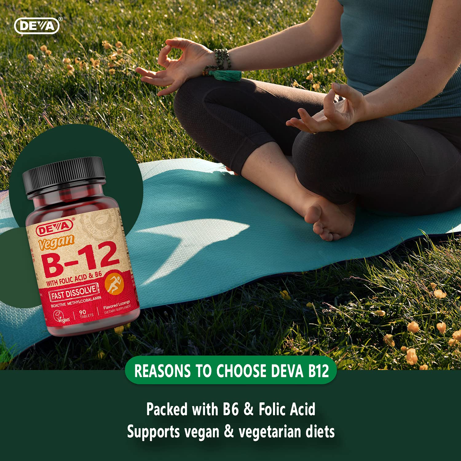 DEVA Vegan Vitamin B12 Fast Dissolve Supplement - Once-Per-Day Complex with 1000 Mcg Methylcobalamin B12, Folic Acid, B6 - Lemon Flavor - 90 Dissolvable Tablets,