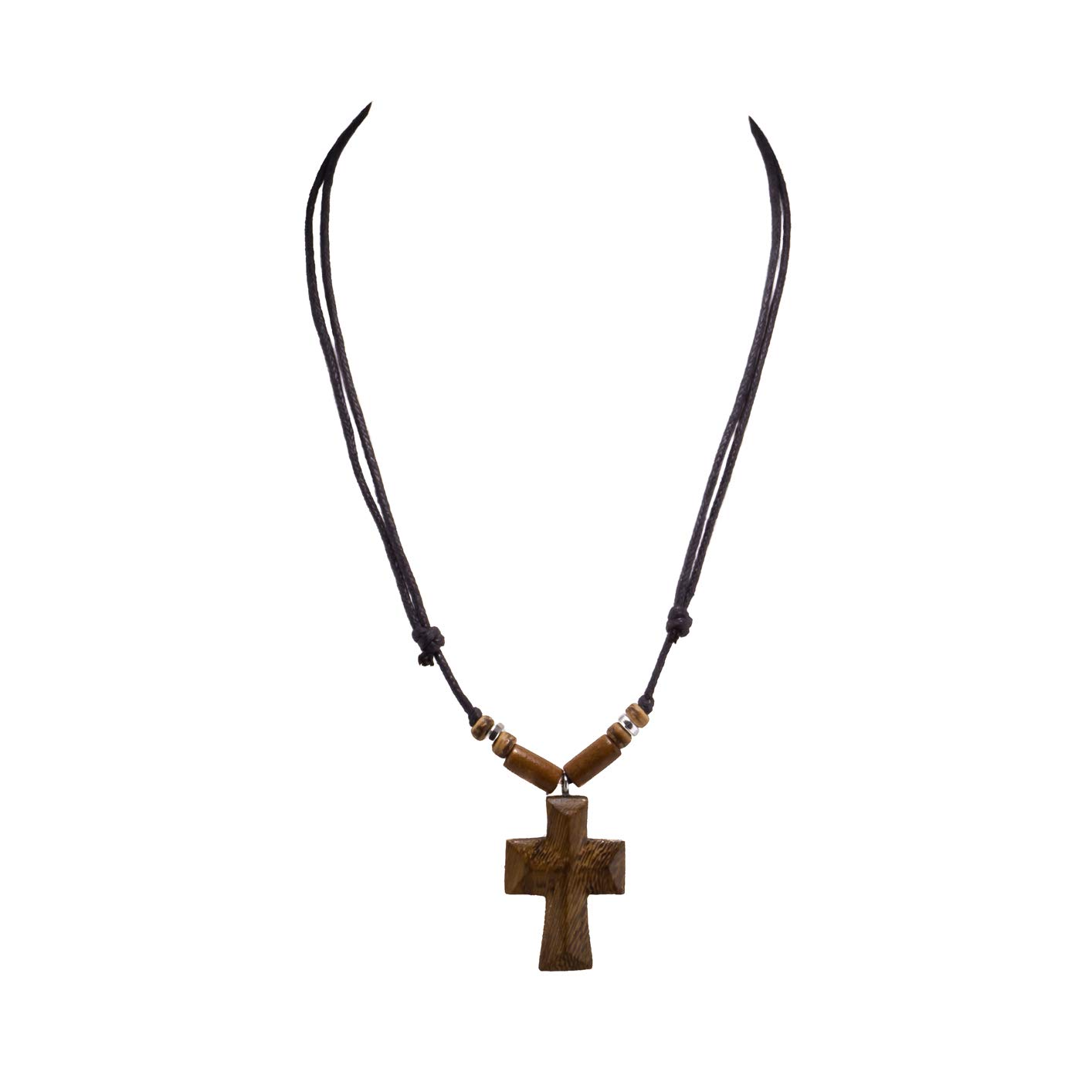 BlueRica Hand Carved Wood Cross on Adjustable Black Cord Necklace