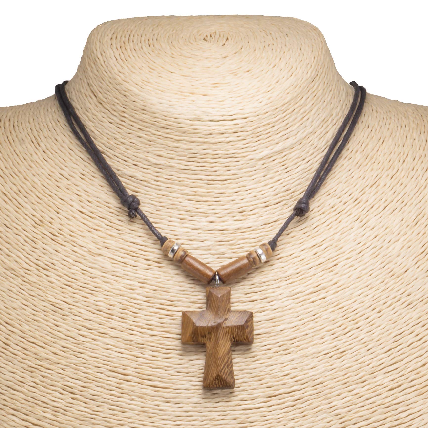 BlueRica Hand Carved Wood Cross on Adjustable Black Cord Necklace