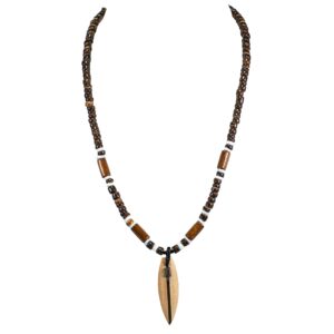 bluerica wood surfboard on brown coconut shell beads necklace