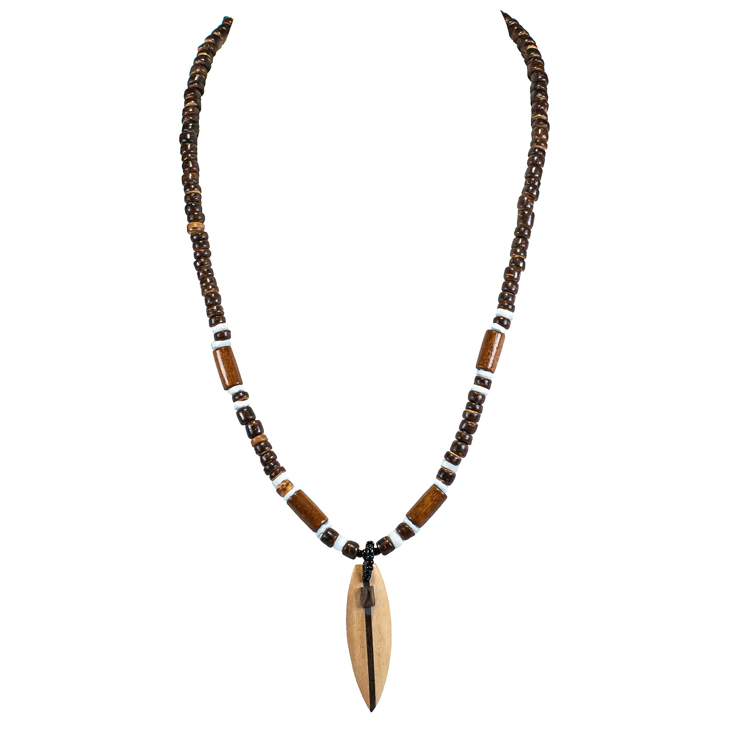 BlueRica Wood Surfboard on Brown Coconut Shell Beads Necklace