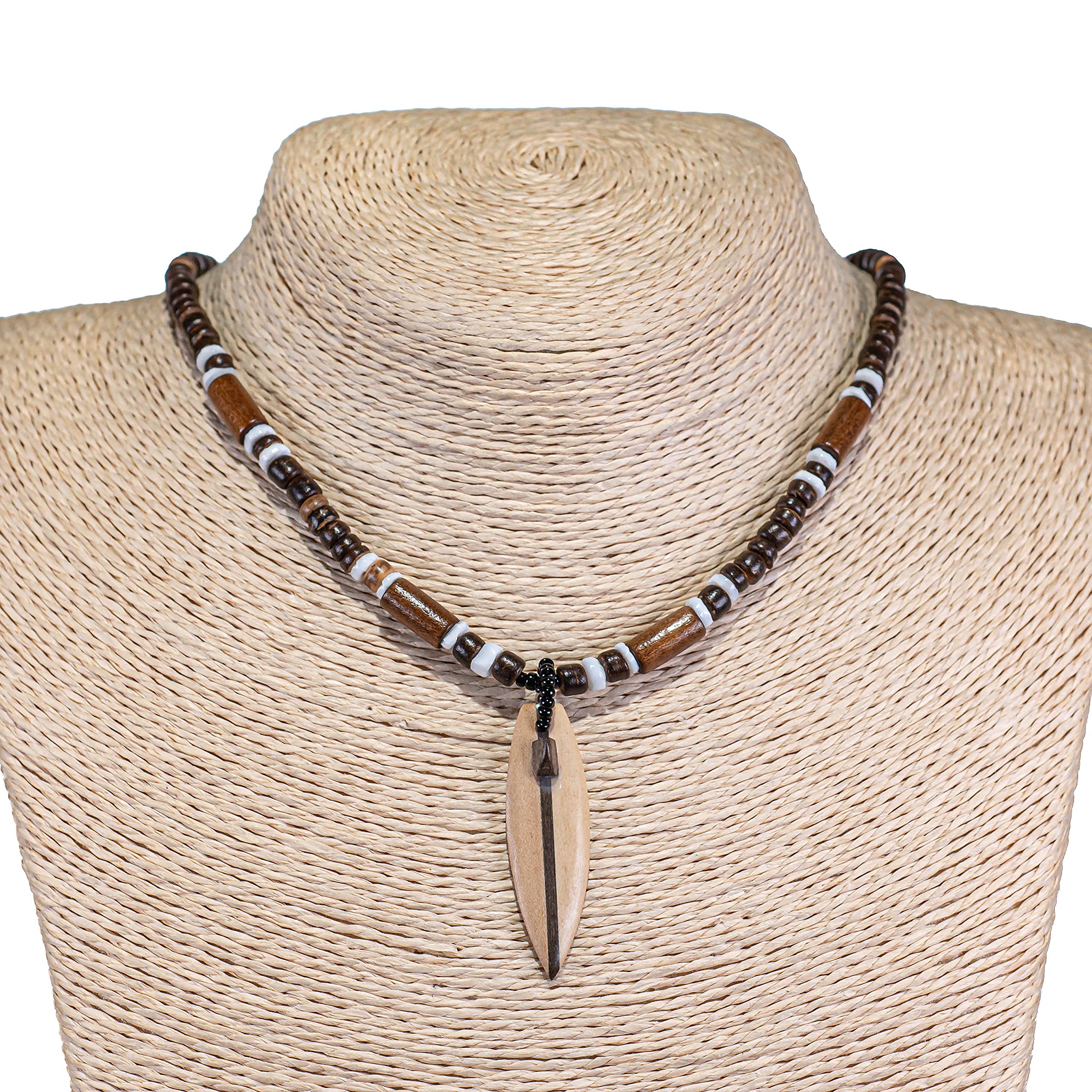 BlueRica Wood Surfboard on Brown Coconut Shell Beads Necklace