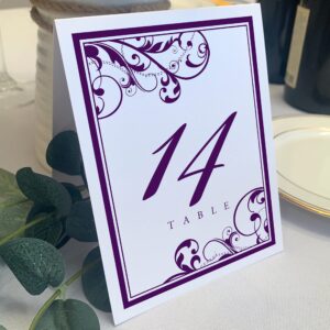 scribble vintage swirl wedding table numbers (select color/quantity), white, eggplant, 1-15, double sided, tent or use in a stand, great for parties & restaurants