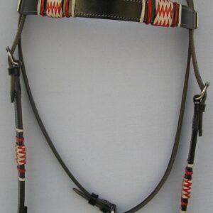 GSk Reitsports New Western Primium Genuin Leather Headstall Red/White Raw Hide Knotted Brow Band Headstall Black