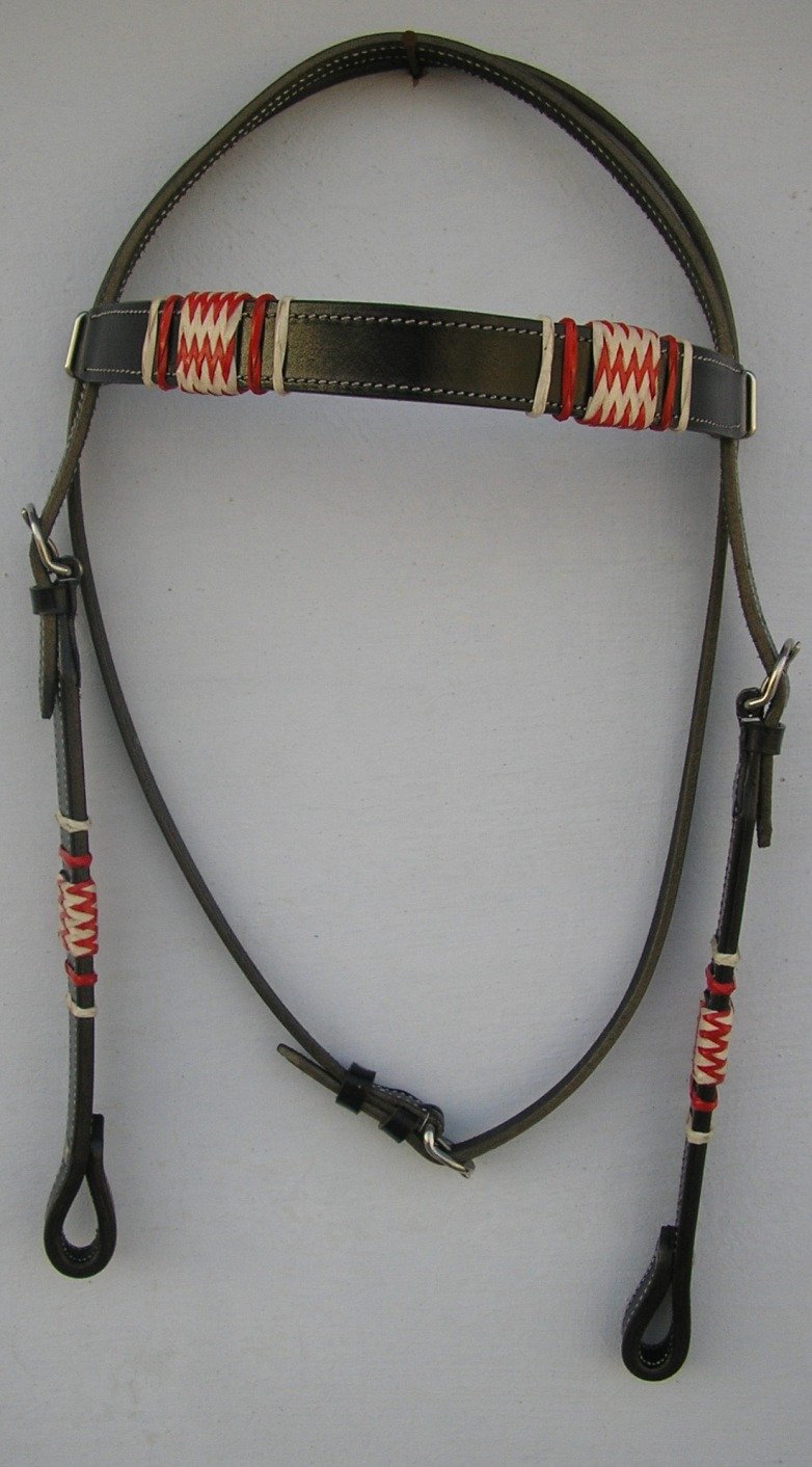 GSk Reitsports New Western Primium Genuin Leather Headstall Red/White Raw Hide Knotted Brow Band Headstall Black