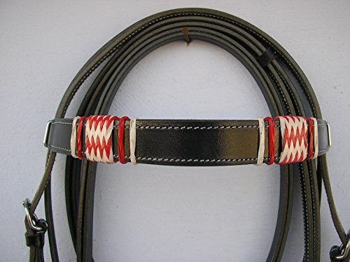 GSk Reitsports New Western Primium Genuin Leather Headstall Red/White Raw Hide Knotted Brow Band Headstall Black