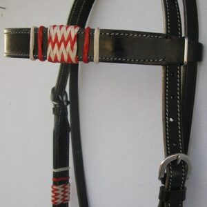 GSk Reitsports New Western Primium Genuin Leather Headstall Red/White Raw Hide Knotted Brow Band Headstall Black