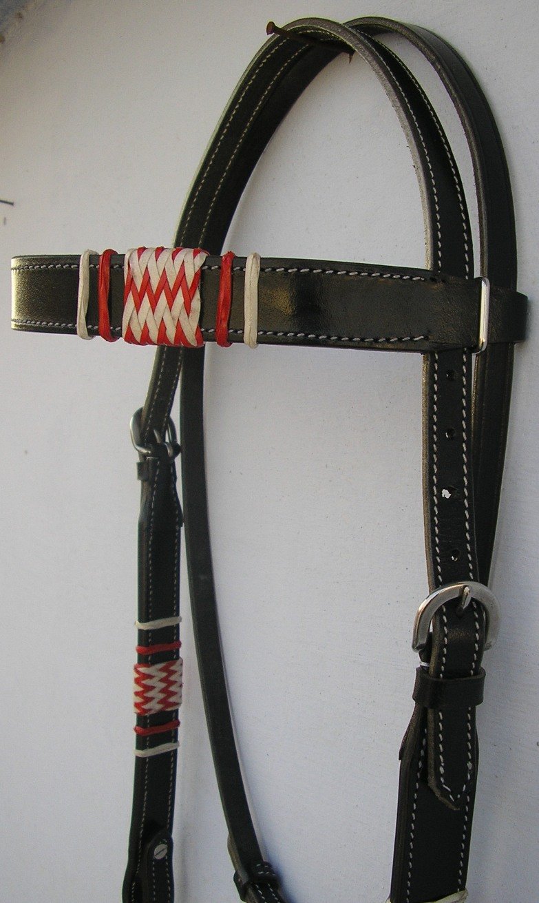 GSk Reitsports New Western Primium Genuin Leather Headstall Red/White Raw Hide Knotted Brow Band Headstall Black