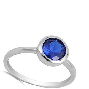 Solitaire Blue Simulated Sapphire Bezel Wedding Ring .925 Sterling Silver Band Size 10