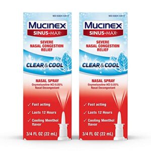 mucinex sinus max clear & cool nasal decongestant spray, cooling menthol flavor, 0.75 fl oz, fast acting medicine that lasts 12 hours, relieves sinus pressure and nasal congestion