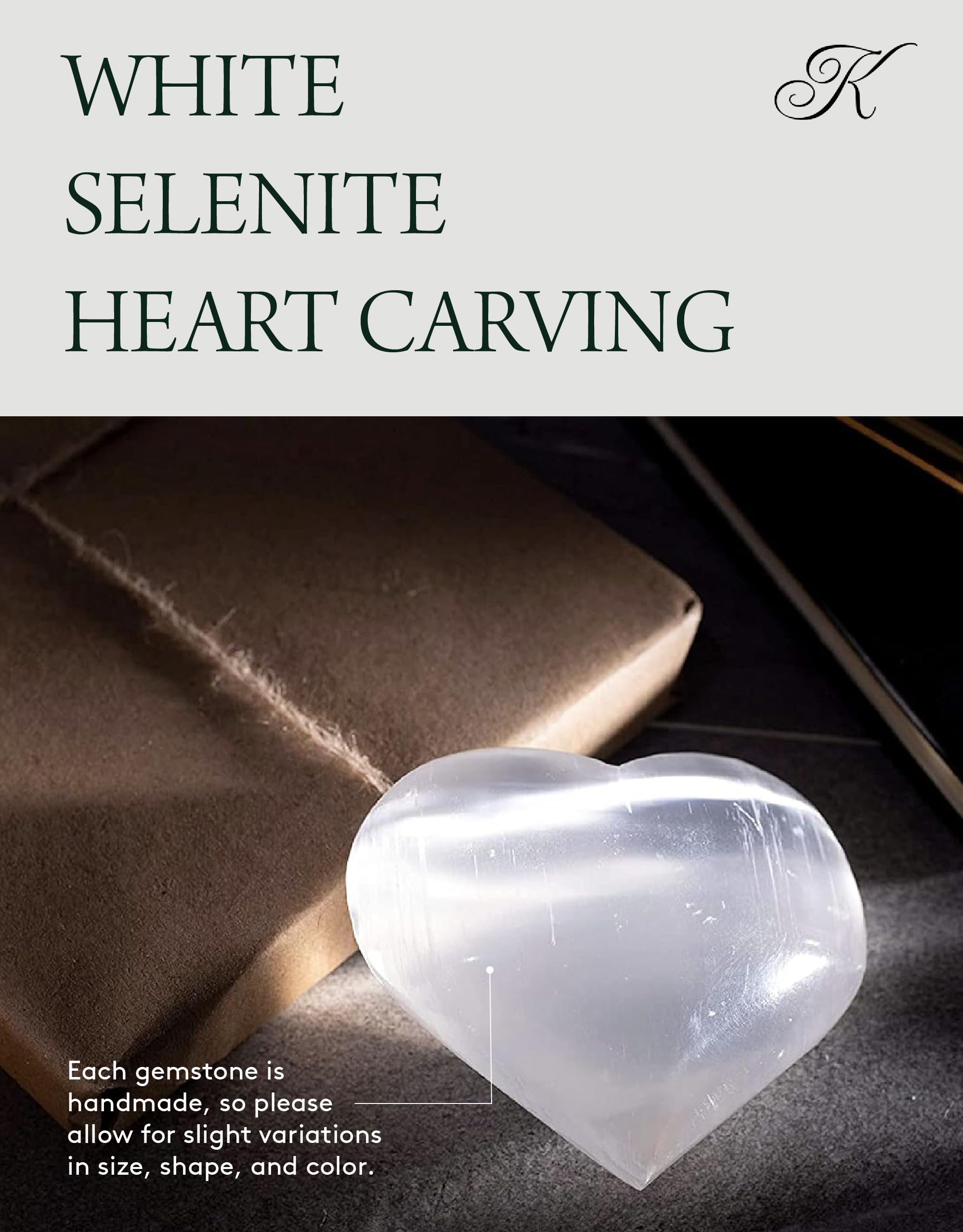 KALIFANO Selenite Heart Worry Stone with Healing & Calming Effects - High Energy Selenita/Satin Spar Love Palm Stone Used for Cleansing and Protection (Information Card Included)