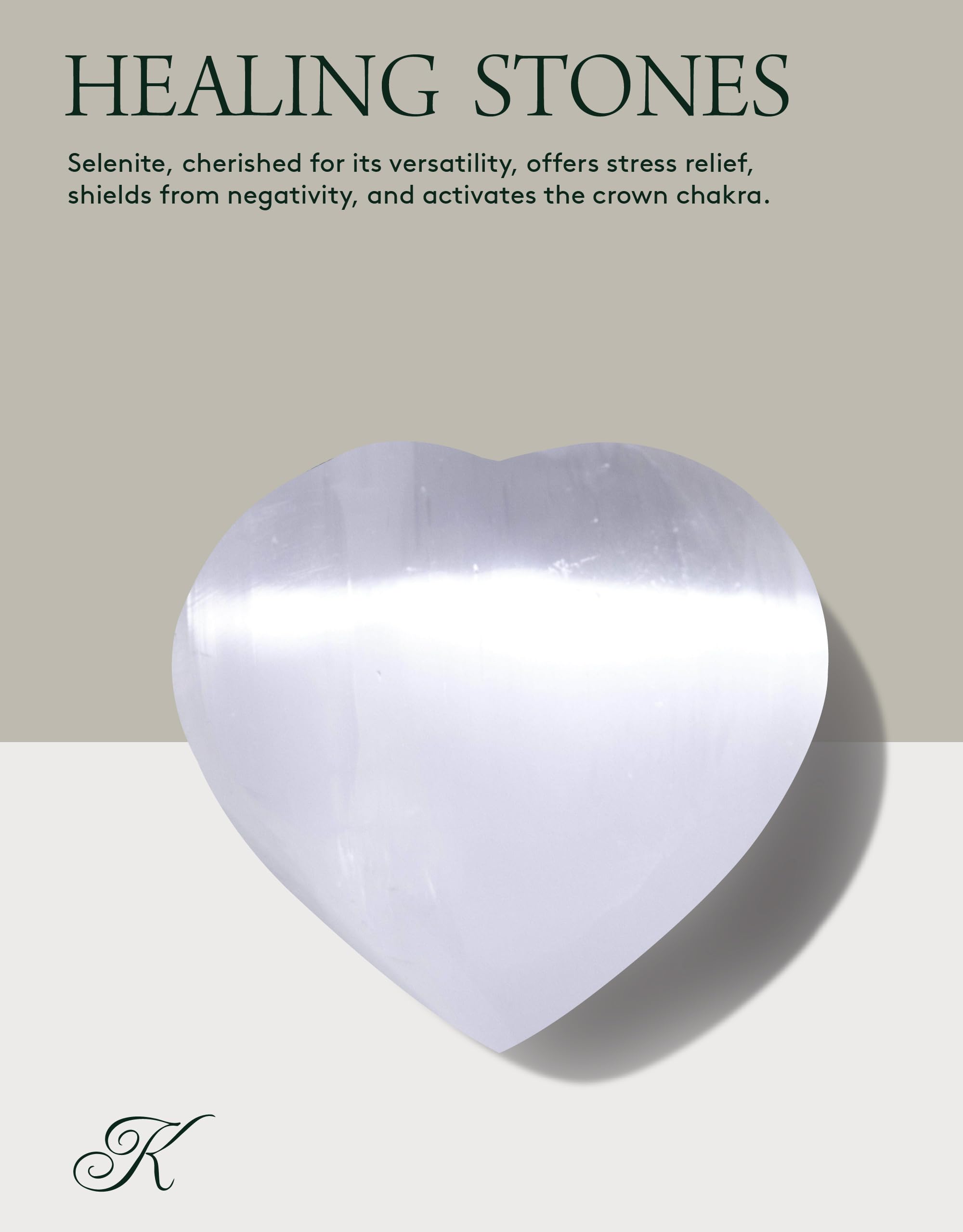 KALIFANO Selenite Heart Worry Stone with Healing & Calming Effects - High Energy Selenita/Satin Spar Love Palm Stone Used for Cleansing and Protection (Information Card Included)