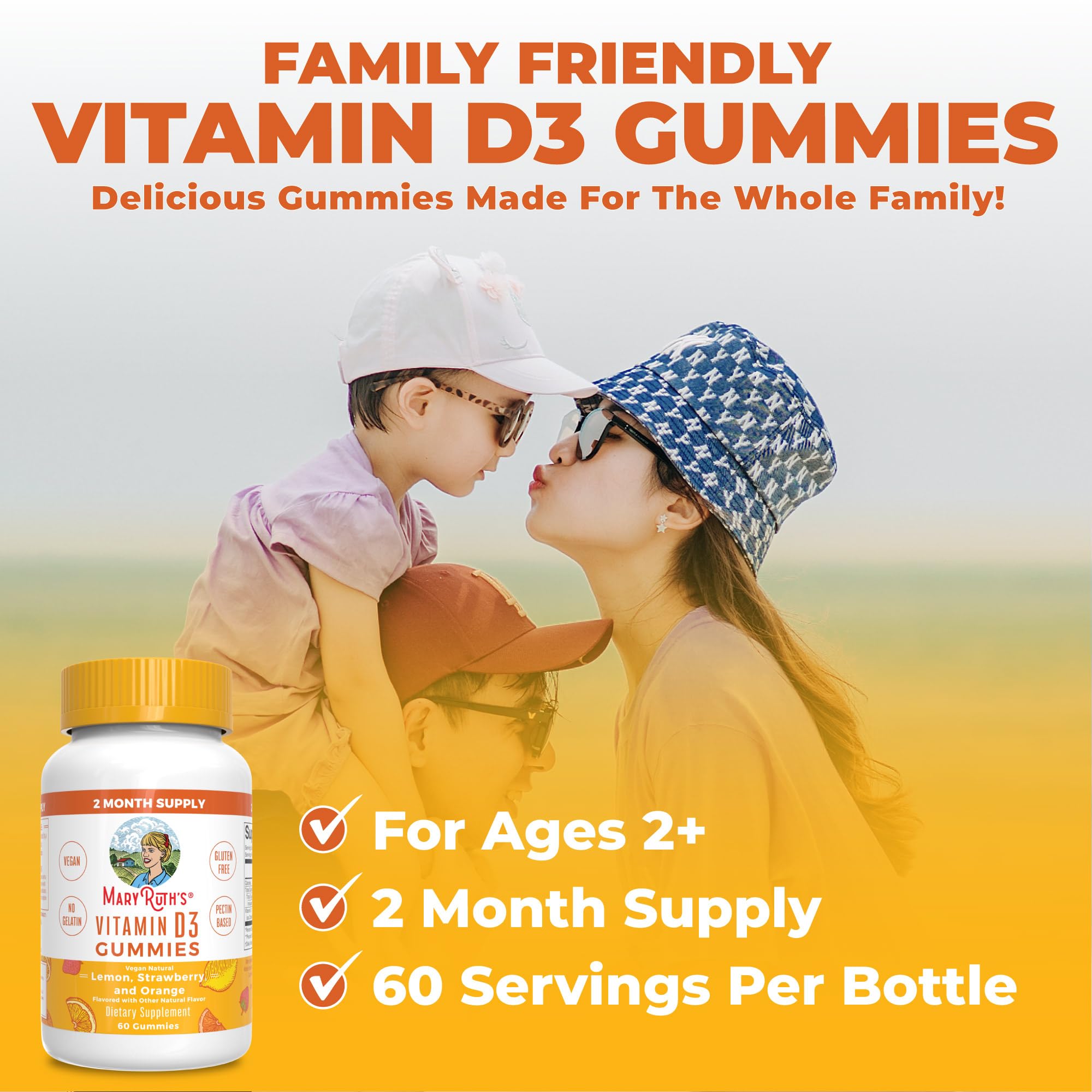 MaryRuth Organics Vitamin D3 Gummies, 2 Month Supply, Adults & Kids Gummies, Immune Support Supplement, Vitamin D3 1000IU for Bone Health & Muscle Function, Vegan, Non-GMO, Gluten Free, 60 Count