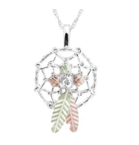 dream catcher feather pendant necklace, sterling silver, 12k green gold, 12k rose gold black hills gold, 18''