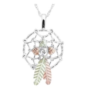 Dream Catcher Feather Pendant Necklace, Sterling Silver, 12k Green Gold, 12k Rose Gold Black Hills Gold, 18''