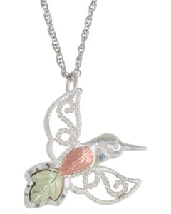 black hills gold sterling silver granulated bead hummingbird pendant necklace for women adorned with 12k green and rose gold leaf accents, ideal present for various occasions, gift box included