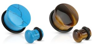 zaya body jewelry 2 pairs of turquoise tiger eye organic stone plugs ear gauges 5/8 9/16 1/2 00g 0g 2g 4g 6g (2g)