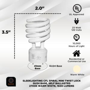 SLEEKLIGHTING - GU24 23Watt 2700K 1600lm 2 Prong Light Bulbs- UL approved-120v 60Hz - Mini Twist Lock Spiral -Self Ballasted CFL Fluorescent Bulbs- 1600lm Warm White 4 Pack (100 Watt Equ)