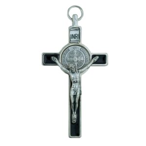 st. benedict crucifix with round st. benedict medal inlay | 3" silver-tone and black enamel cross with cord and booklet | patron saint of students and europe | made in italy