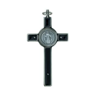 St. Benedict Crucifix with Round St. Benedict Medal Inlay | 3" Silver-Tone and Black Enamel Cross with Cord and Booklet | Patron Saint of Students and Europe | Made in Italy