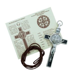 St. Benedict Crucifix with Round St. Benedict Medal Inlay | 3" Silver-Tone and Black Enamel Cross with Cord and Booklet | Patron Saint of Students and Europe | Made in Italy