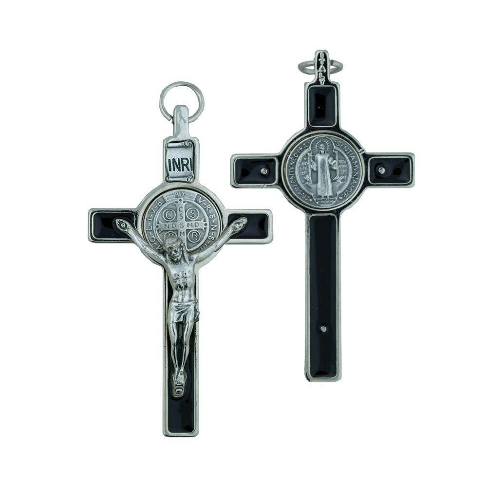 St. Benedict Crucifix with Round St. Benedict Medal Inlay | 3" Silver-Tone and Black Enamel Cross with Cord and Booklet | Patron Saint of Students and Europe | Made in Italy