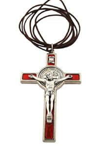 st. benedict crucifix with round st. benedict medal inlay | 3" silver-tone and red enamel cross with cord and booklet | patron saint of students and europe | made in italy