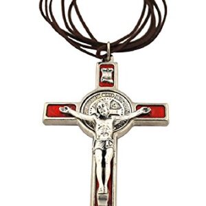 St. Benedict Crucifix with Round St. Benedict Medal Inlay | 3" Silver-Tone and Red Enamel Cross with Cord and Booklet | Patron Saint of Students and Europe | Made in Italy